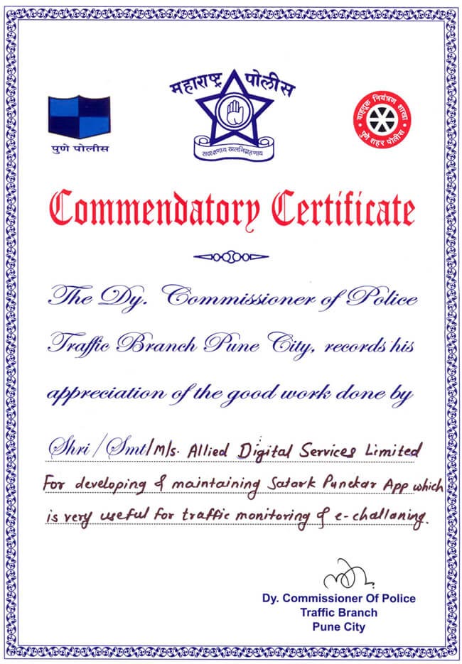 Allied Digital gets Commendatory Certificate from Pune Traffic Police